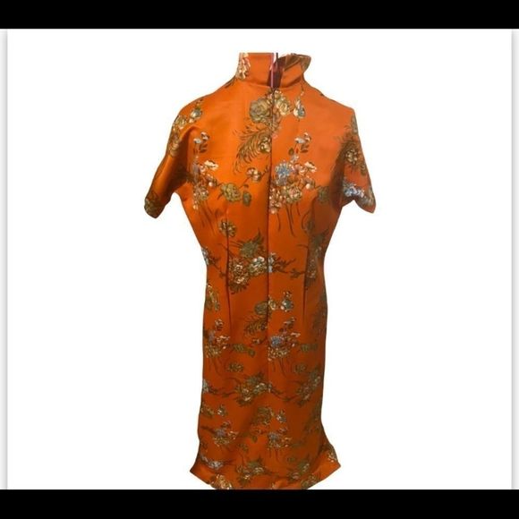 Dresses | Cheongsam Traditional Orange Floral Printed Splitside Long ...